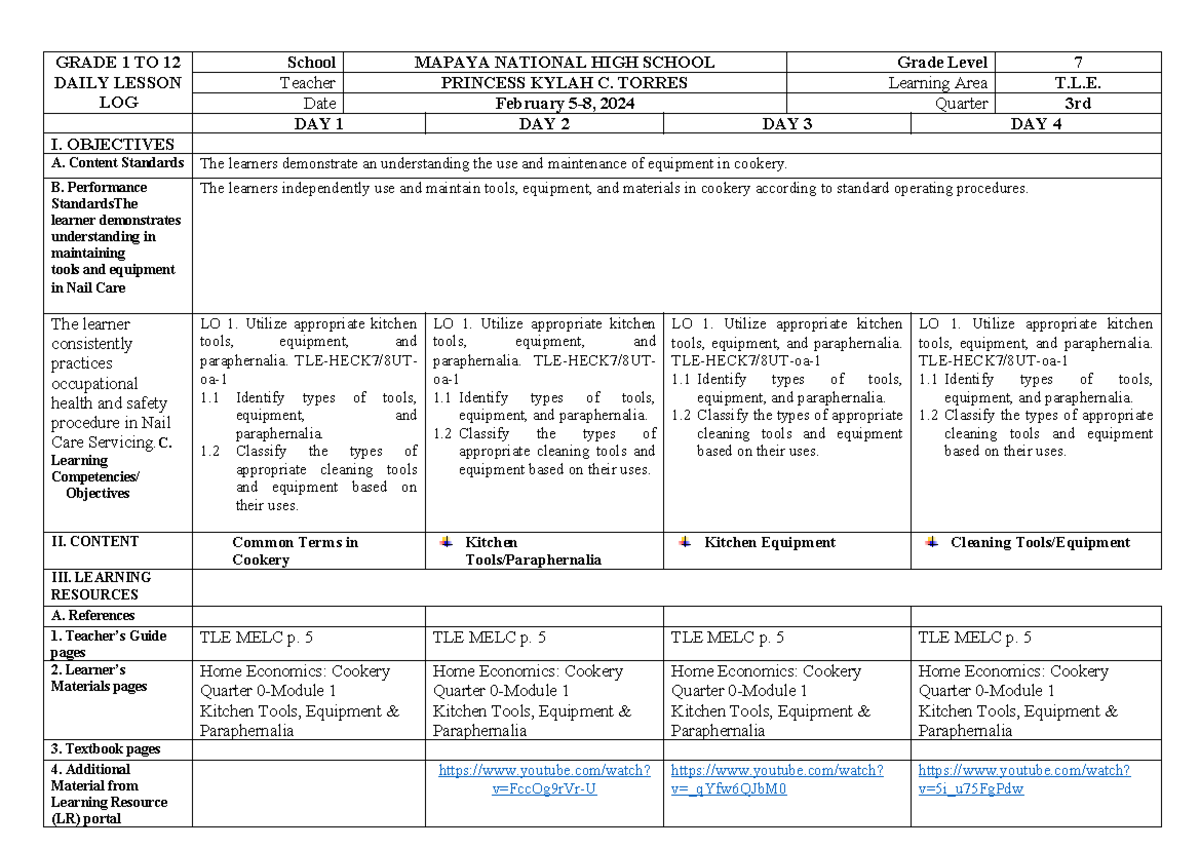 Week 1 - LECTURE NOTES IN JHS - GRADE 1 TO 12 DAILY LESSON LOG School ...