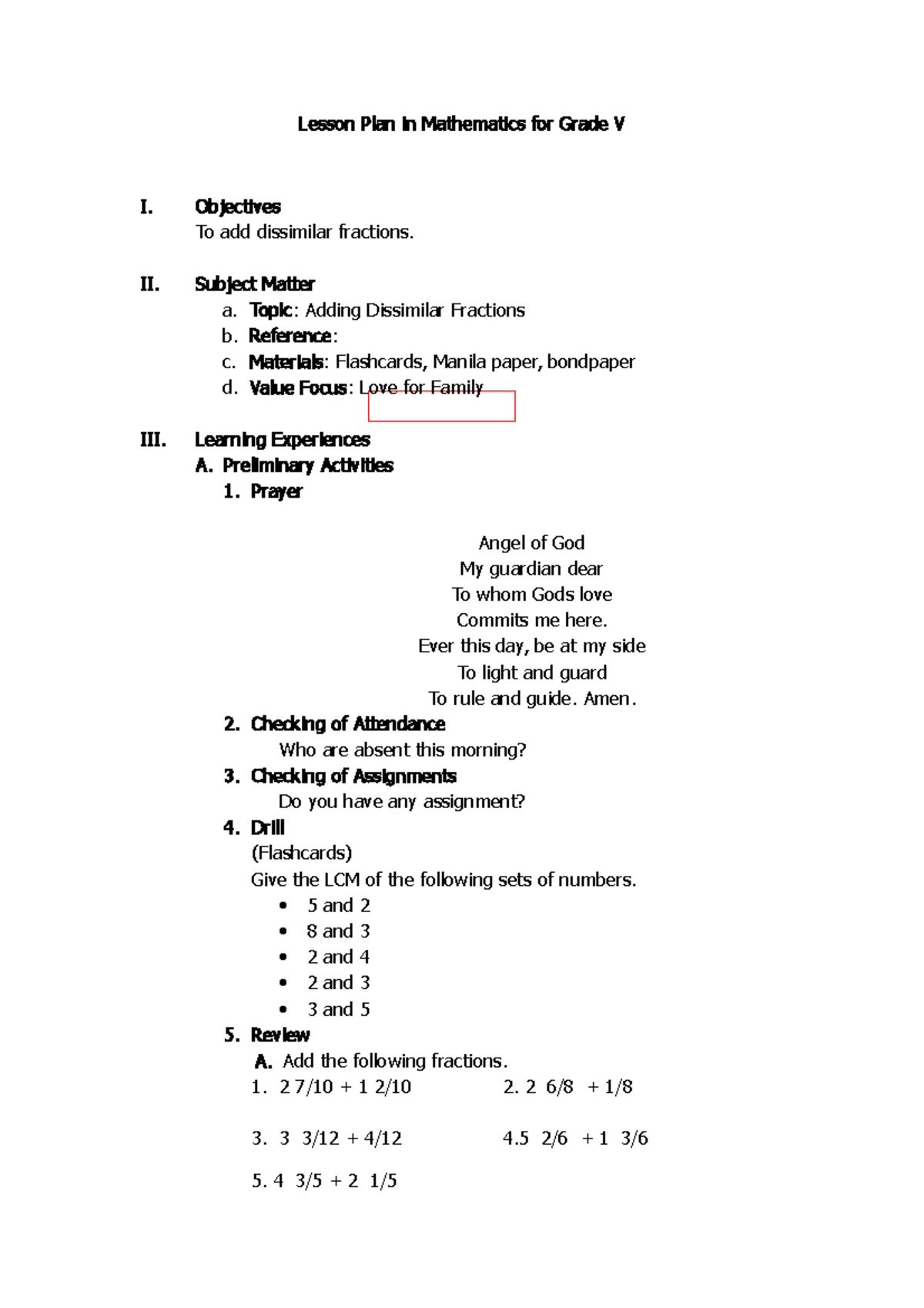 Lesson Plan in Mathematics for Grade V mm - Objectives To add ...