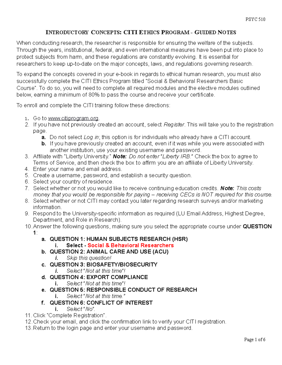 Introductory Concepts CITI Ethics Program - Guided Notes - INTRODUCTORY ...