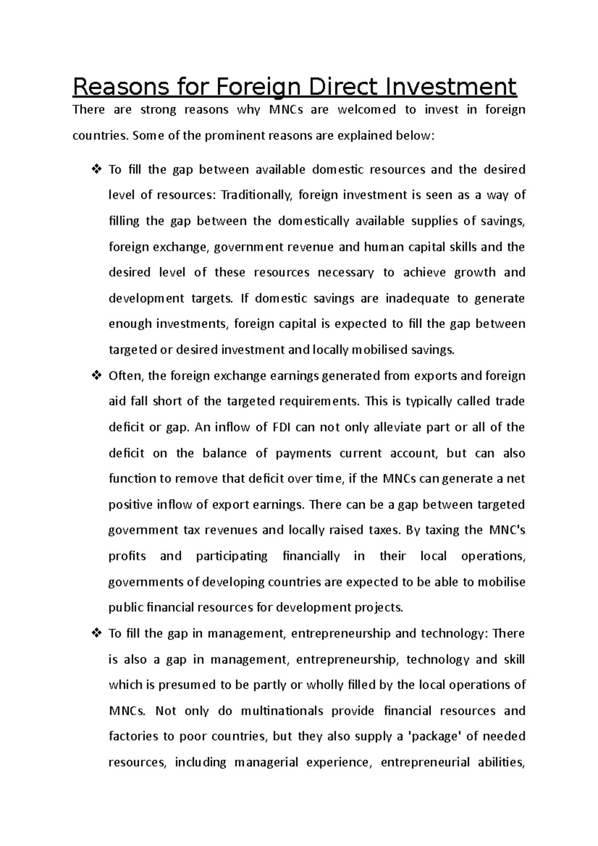 Reasons for Foreign Direct Investment - Some of the prominent reasons ...