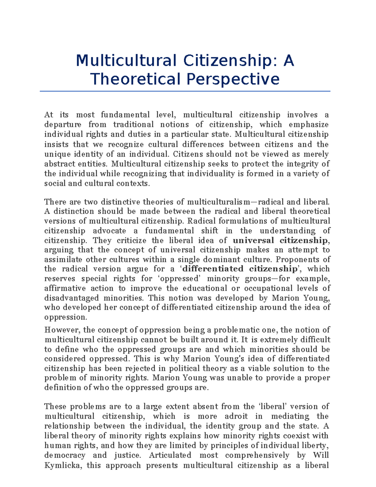Multicultural Citizenship A Theoretical Perspective - Multicultural ...