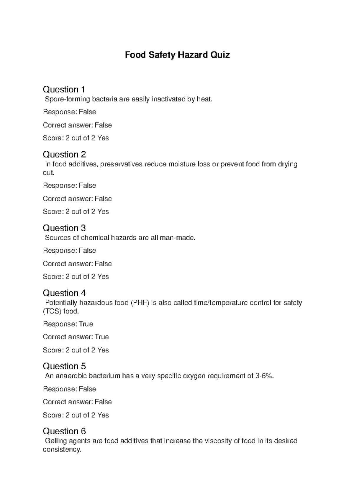 Food Safety Hazard Quiz - Risk Management as Applied to Safety ...