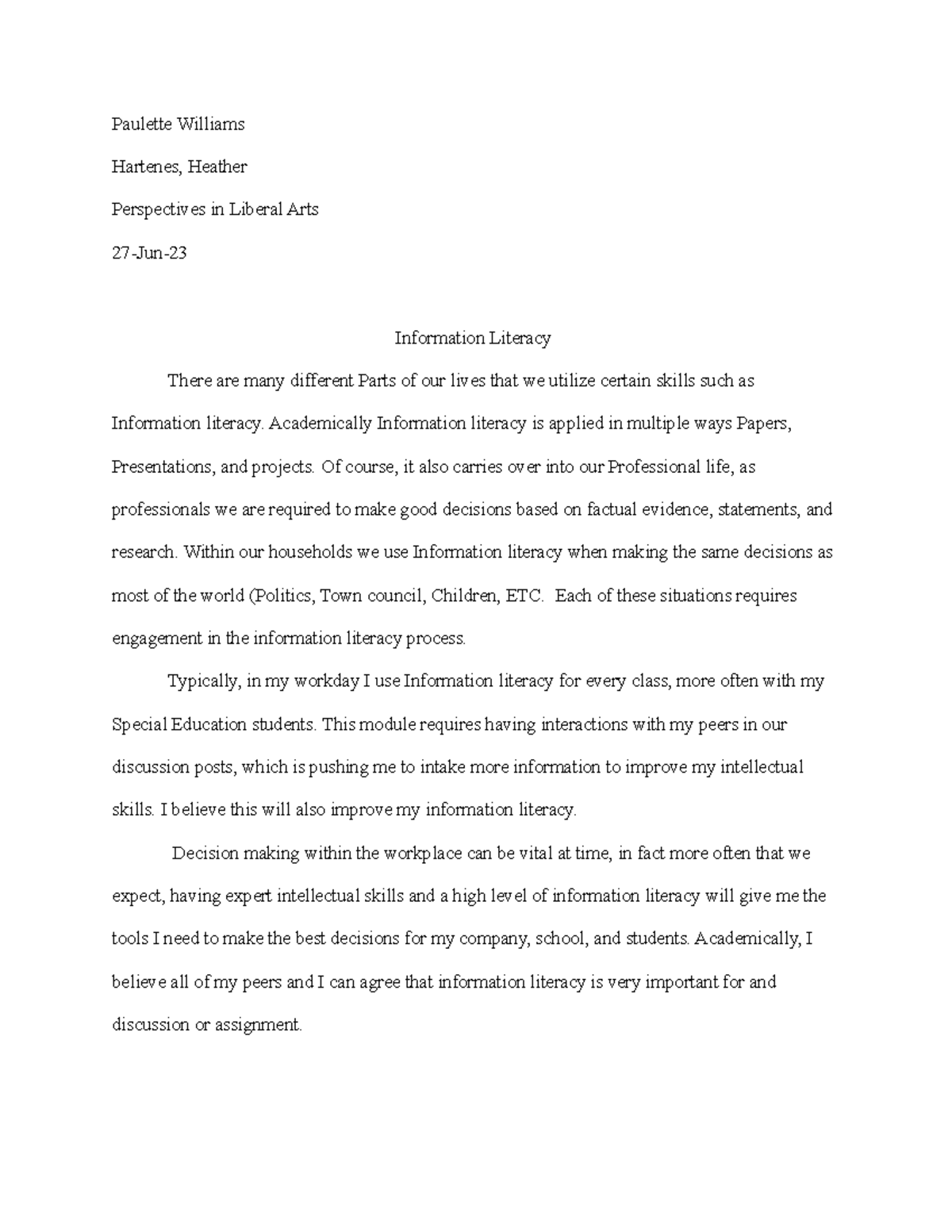 Information literacy paper - Paulette Williams Hartenes, Heather ...