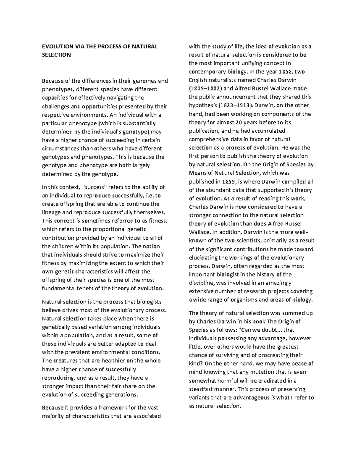 Evolution VIA THE Process OF Natural Selection - EVOLUTION VIA THE ...