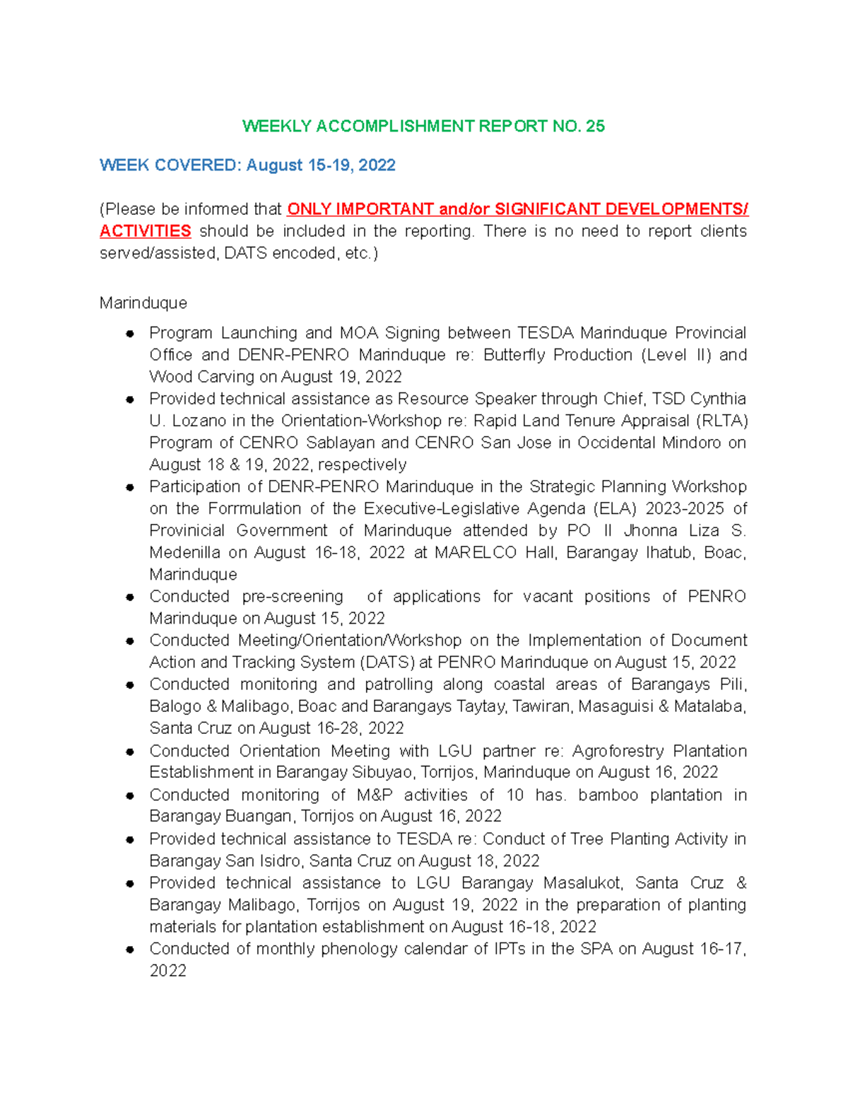 Weekly Accomplishment Report of Penro Marinduque - August 15-19, 2022 ...