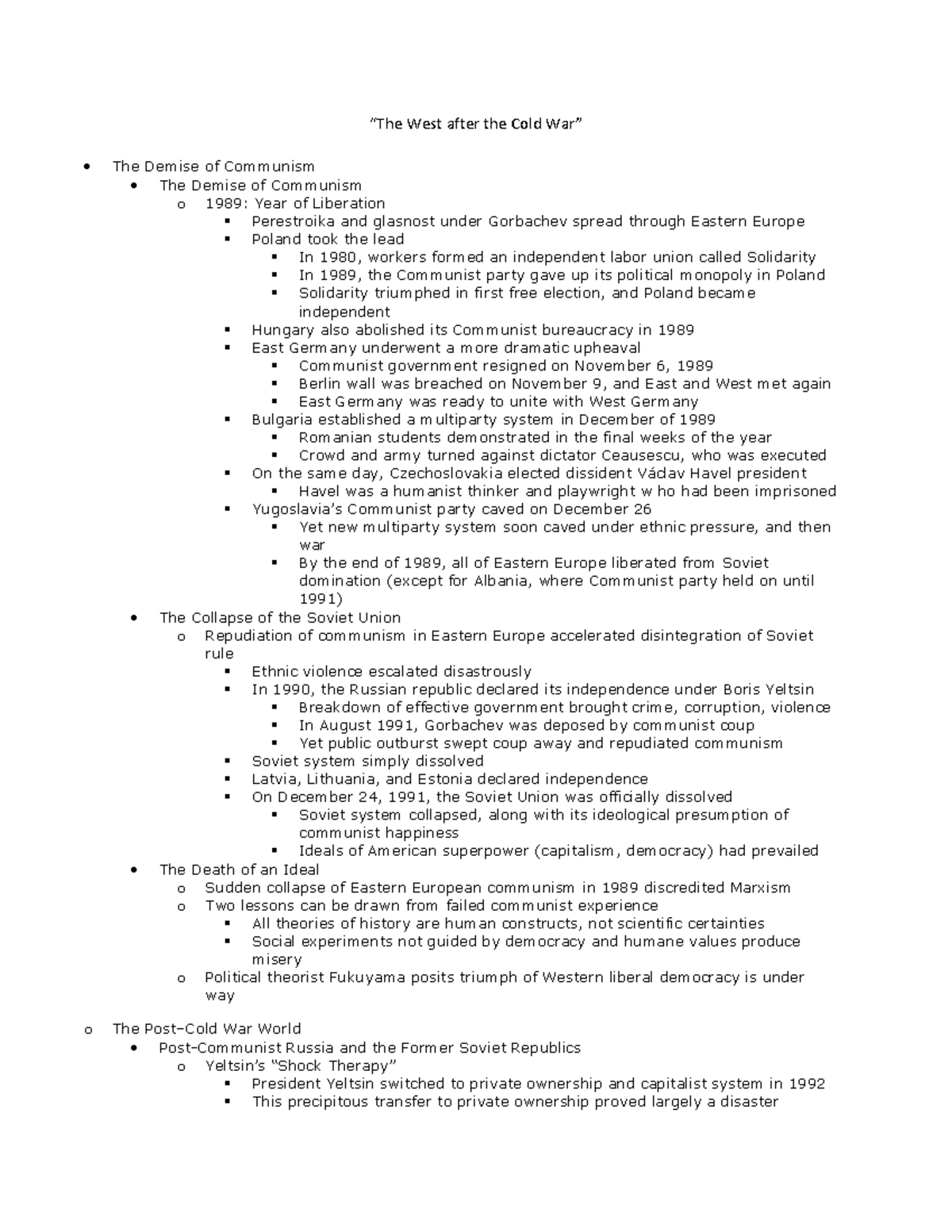 Notes-The West after the Cold War - “The West after the Cold War” • The ...