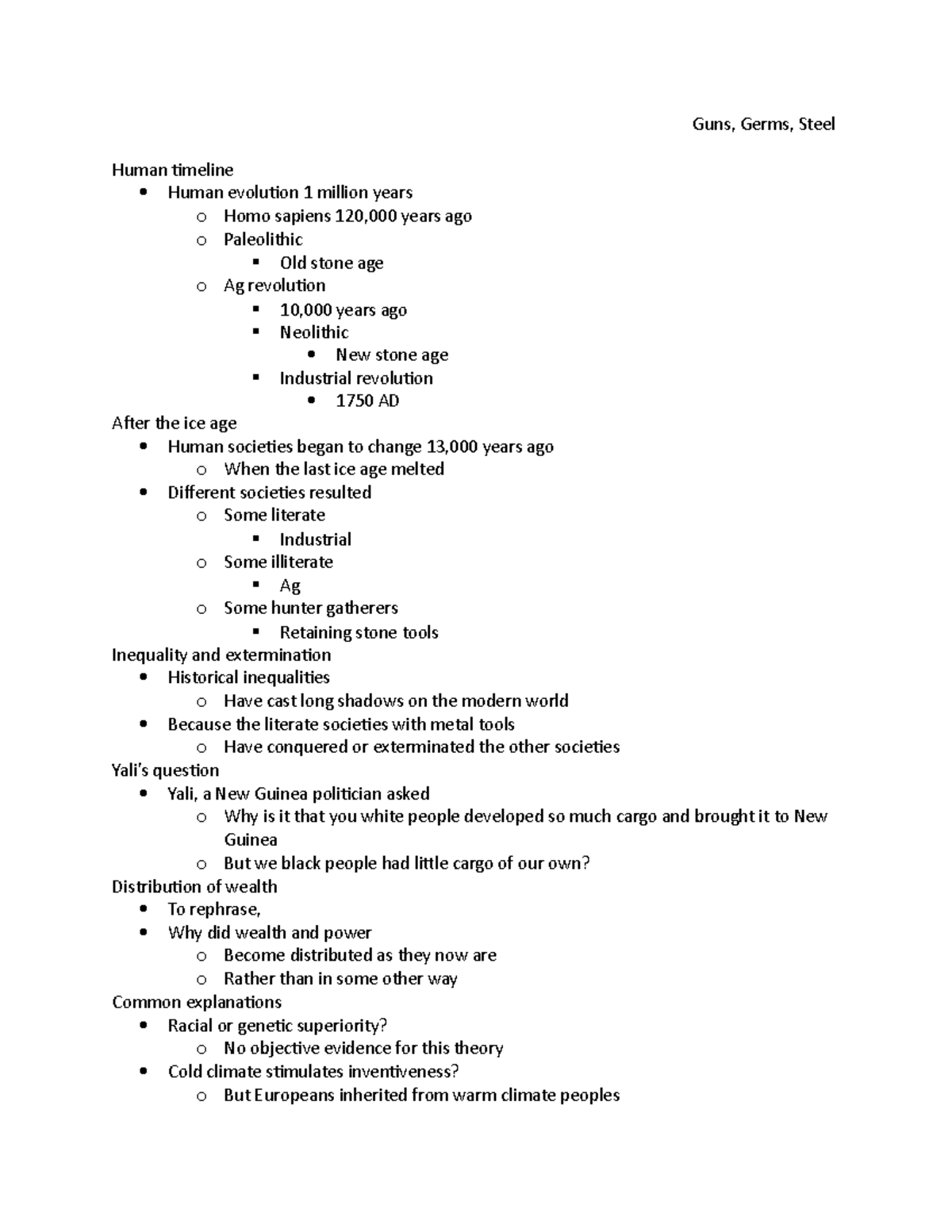 23. Guns - Lecture notes 1 - Guns, Germs, Steel Human timeline Human ...