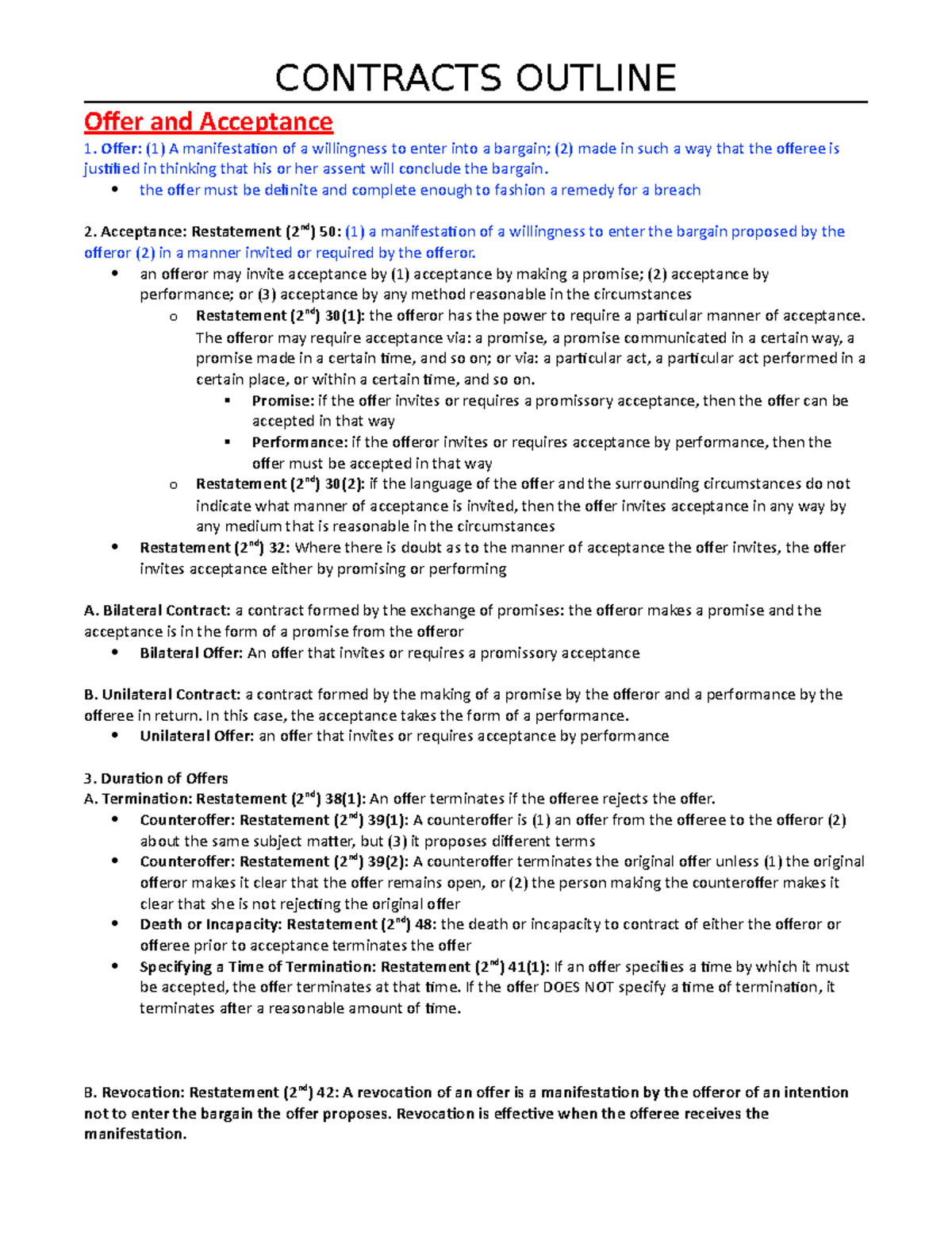 Final Contracts Outline - CONTRACTS OUTLINE Offer and Acceptance Offer ...