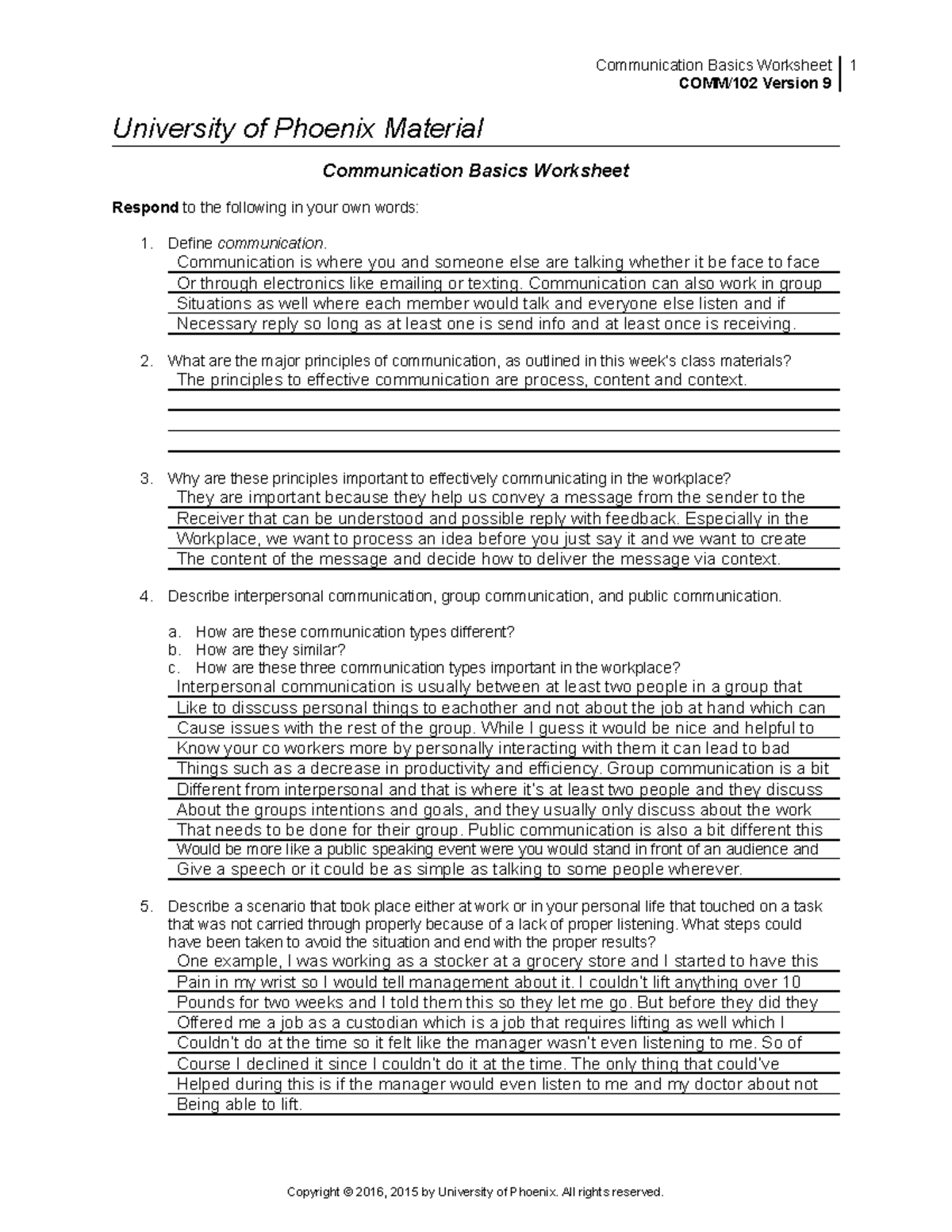 Week 1 Assignment - Communication Basics Worksheet Version 9 1 ...