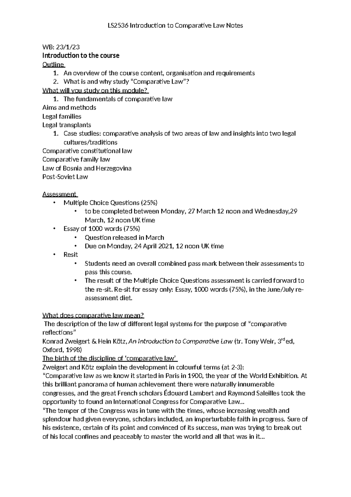 LS2536 Introduction to Comparative Law Notes - WB: 23/1/ Introduction ...