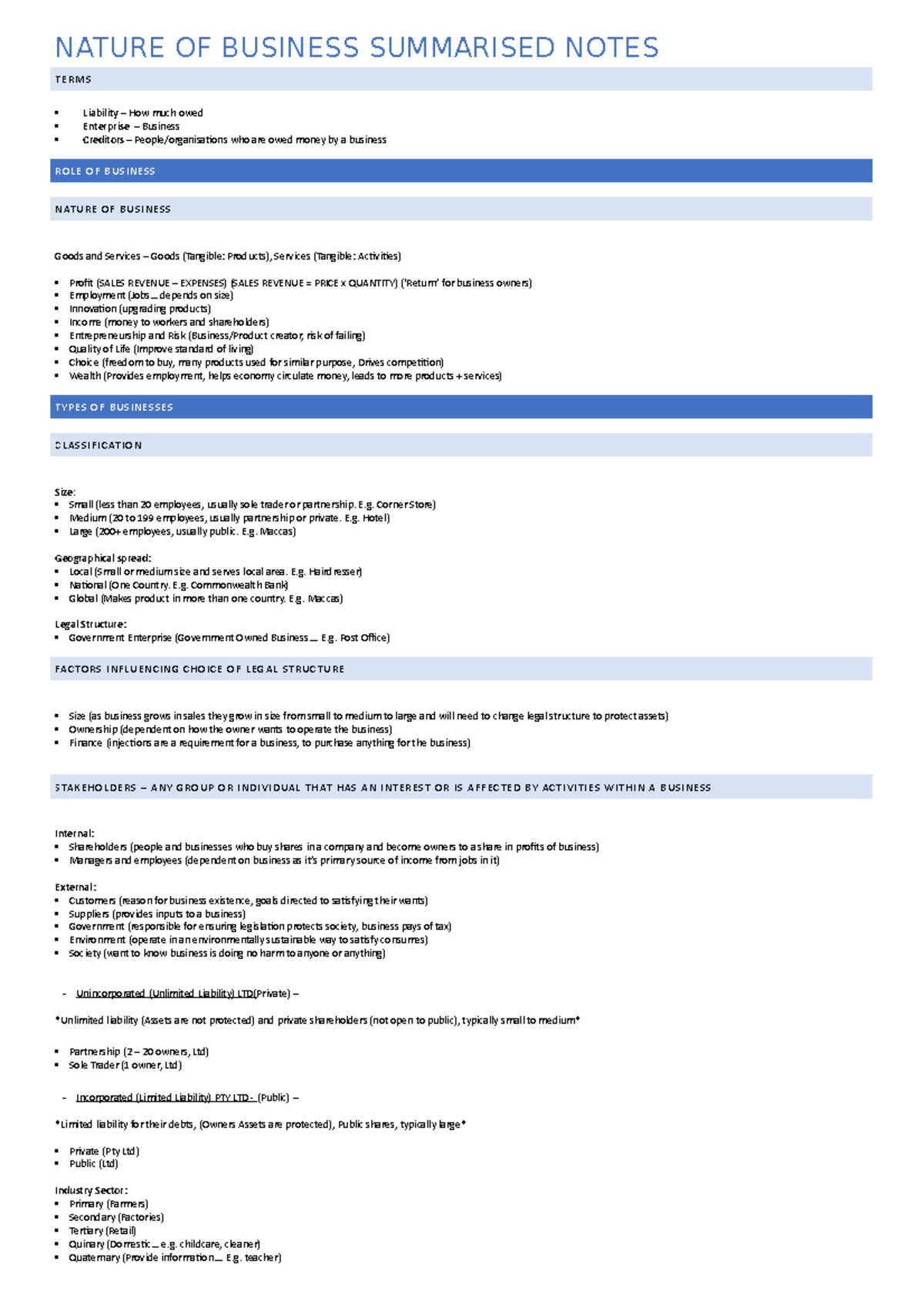 Nature of Business Summarised notes term 1 - NATURE OF BUSINESS ...