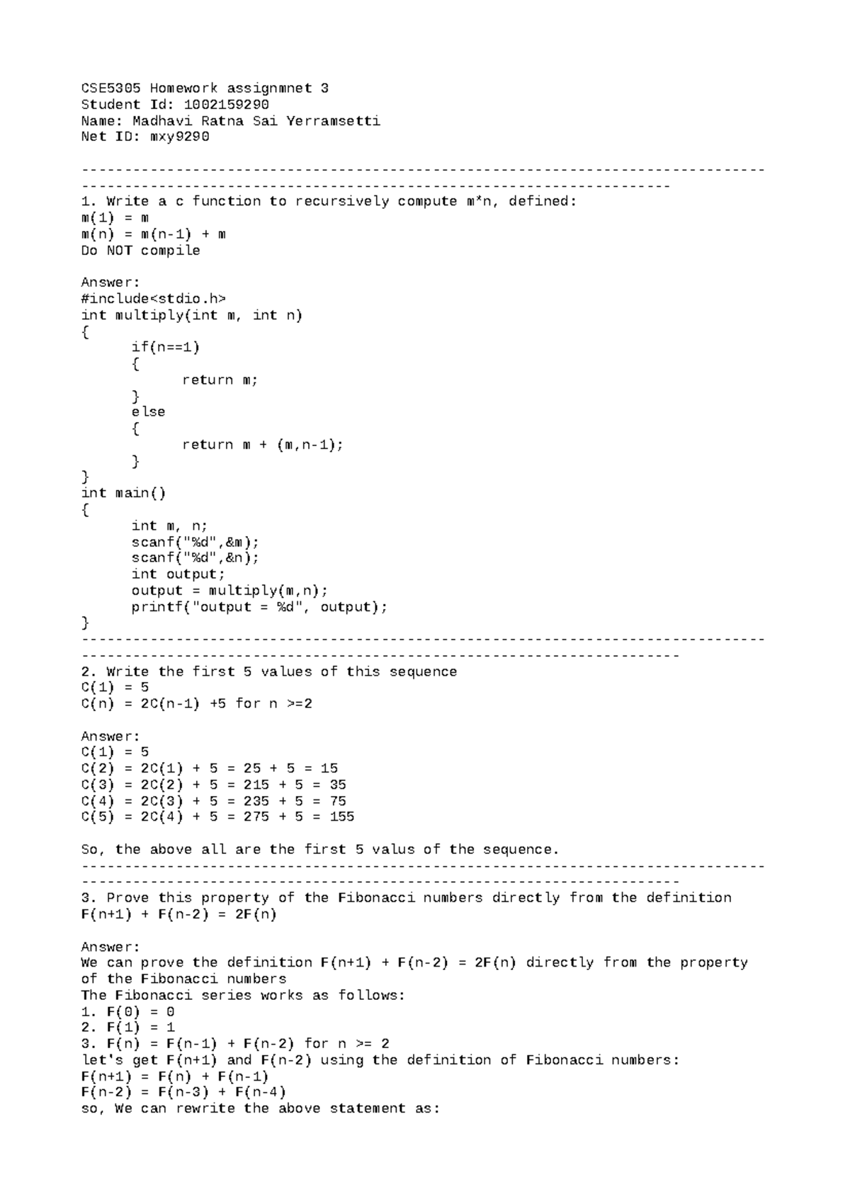 Homework assignmnet 3 - Prove this property of the Fibonacci numbers ...