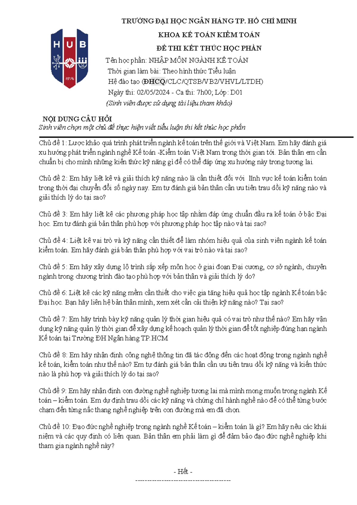 De thi nhap mon nganh D01 - TRƯỜNG ĐẠI HỌC NGÂN HÀNG TP. HỒ CHÍ MINH KHOA KẾ TOÁN KIỂM TOÁN ĐỀ ...