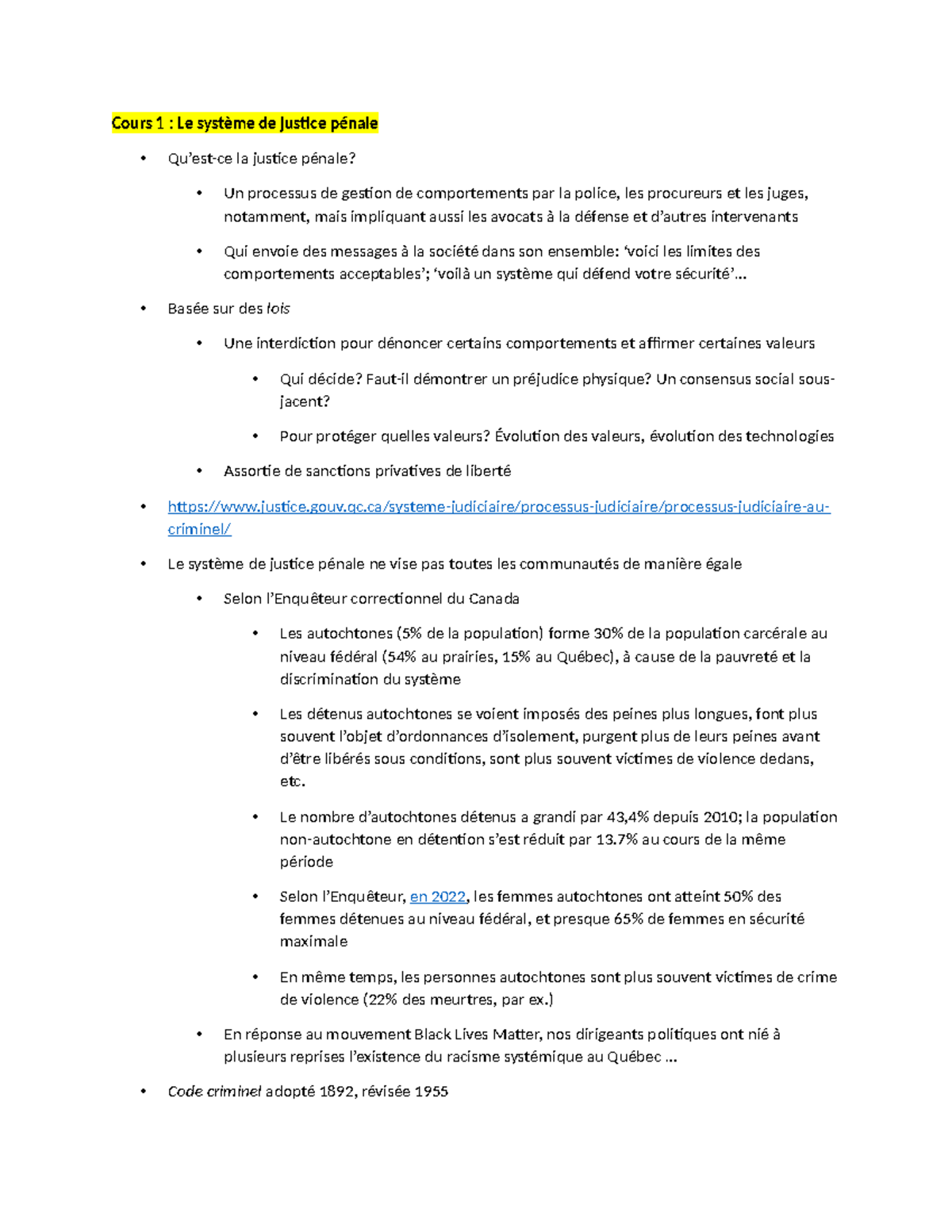 Notes de cours personelles - Cours 1 : Le système de justice pénale Qu ...