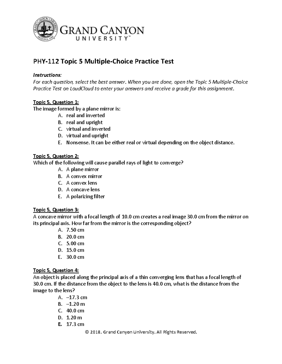 PHY-112 Topic 5 Multiple-Choice Practice Test - PHY- 112 Topic 5 ...