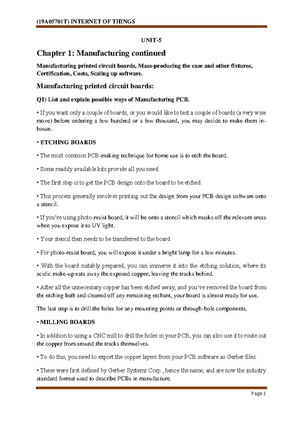 Io T(19A 05 701T) Unit-5 - UNIT- 5 Chapter 1: Manufacturing continued Manufacturing printed ...