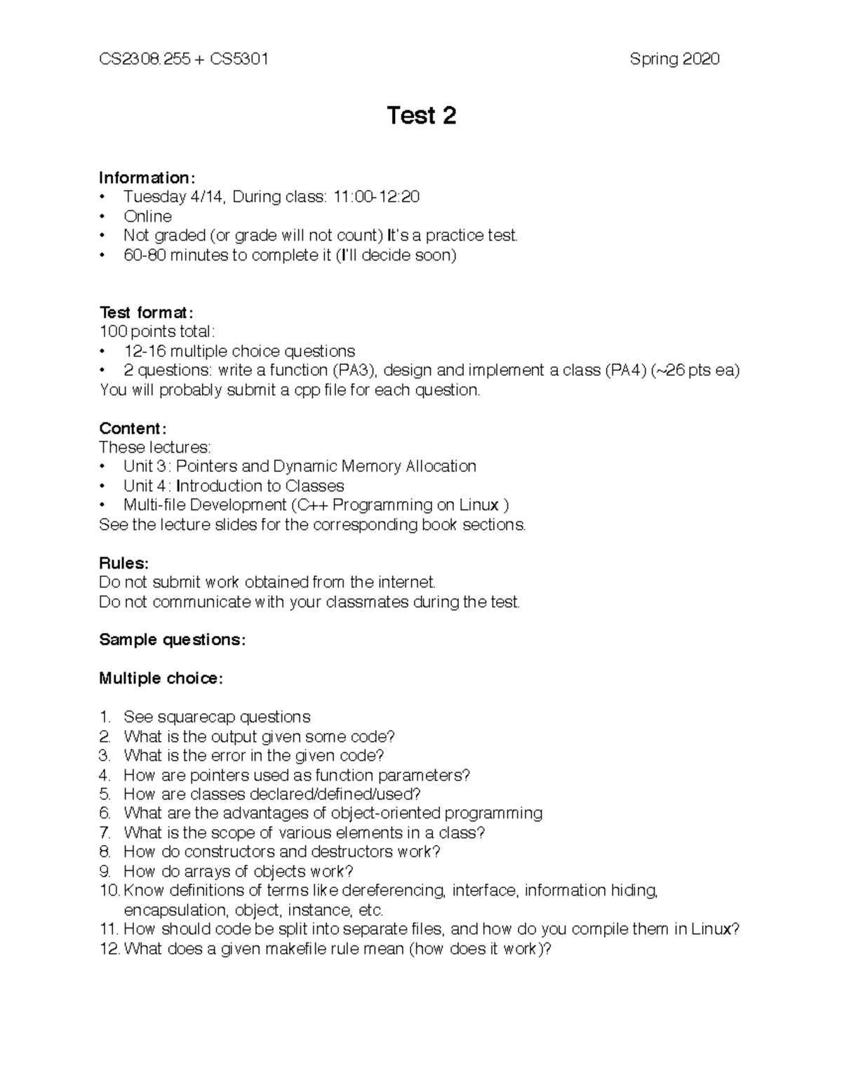 Test 2 Preparation - CS2308 + CS5301 Spring 2020 Test 2 Information ...