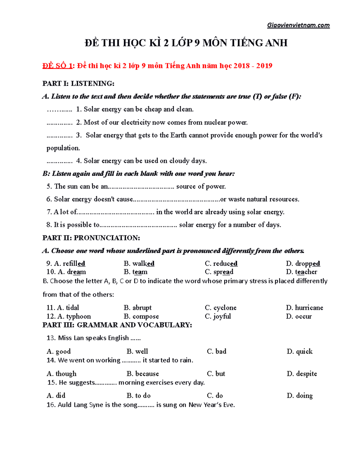 Bo de thi hoc ki 2 mon tieng anh lop 9 co dap an - ĐỀ THI HỌC KÌ 2 LỚP 9 MÔN TIẾNG ANH ĐỀ SỐ 1 ...