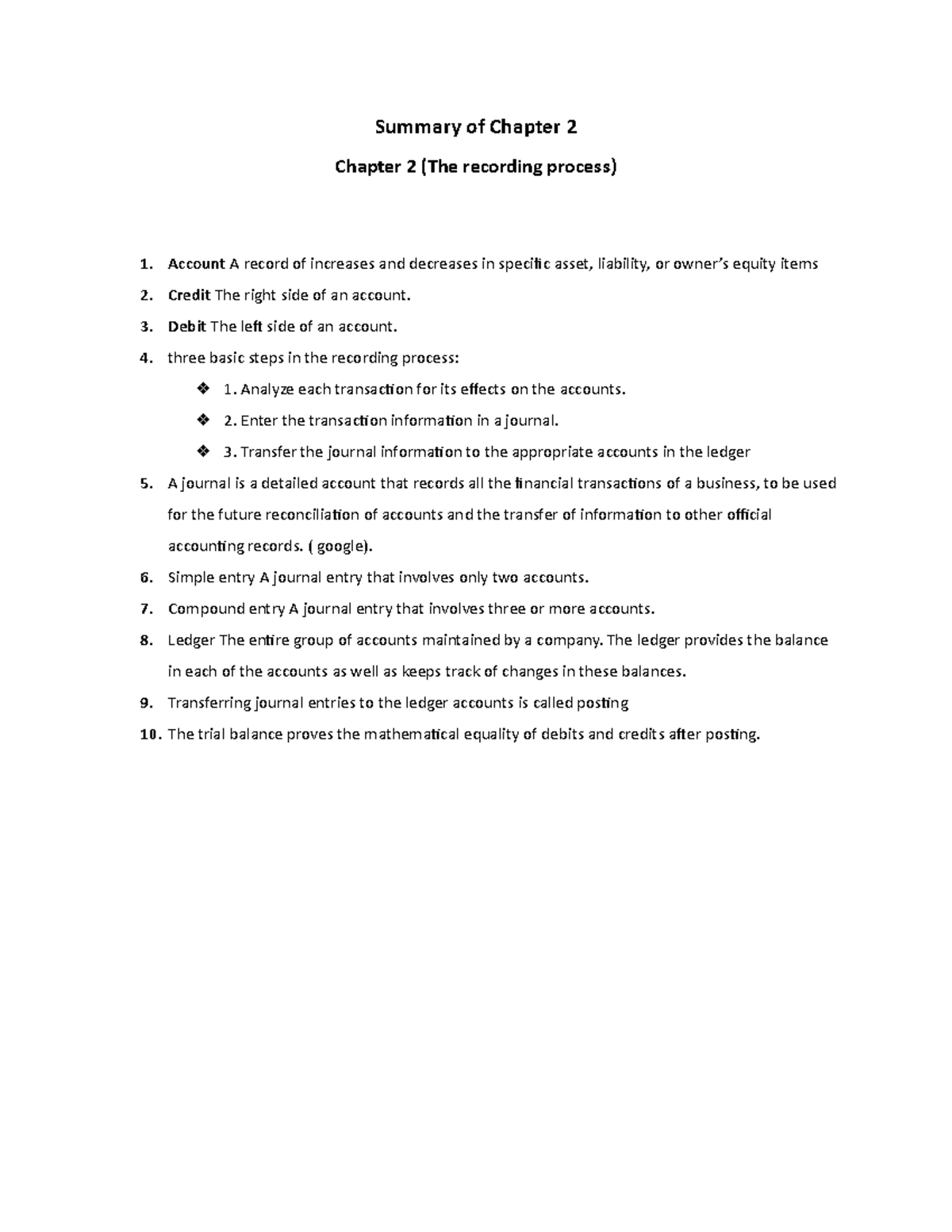 Summary of Chapter 2 (Recording Process) Key point - Summary of Chapter ...