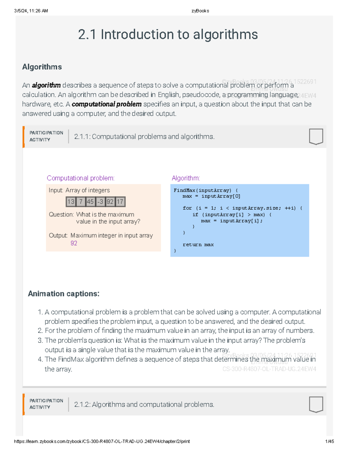 Zy Books Chapter 3 - Reading - 2 Introduction to algorithms Algorithms An algorithm describes a ...