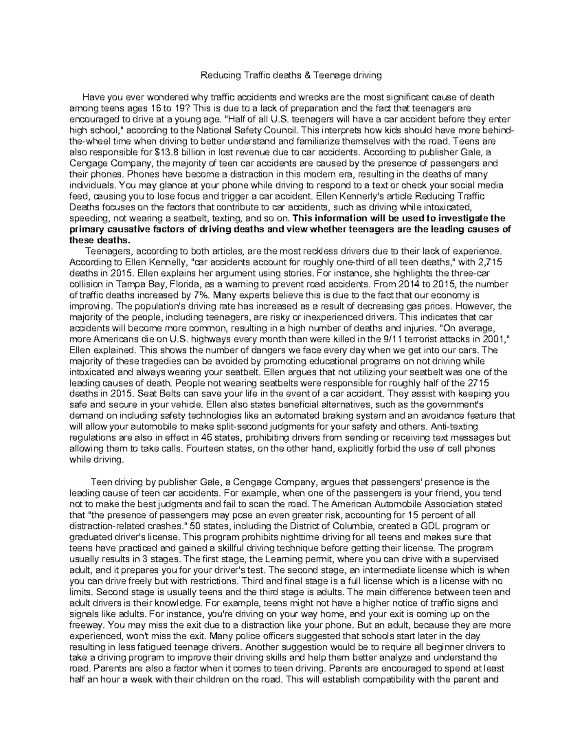 Doc'7 - Rough Essay - Reducing Traffic deaths & Teenage driving Have ...