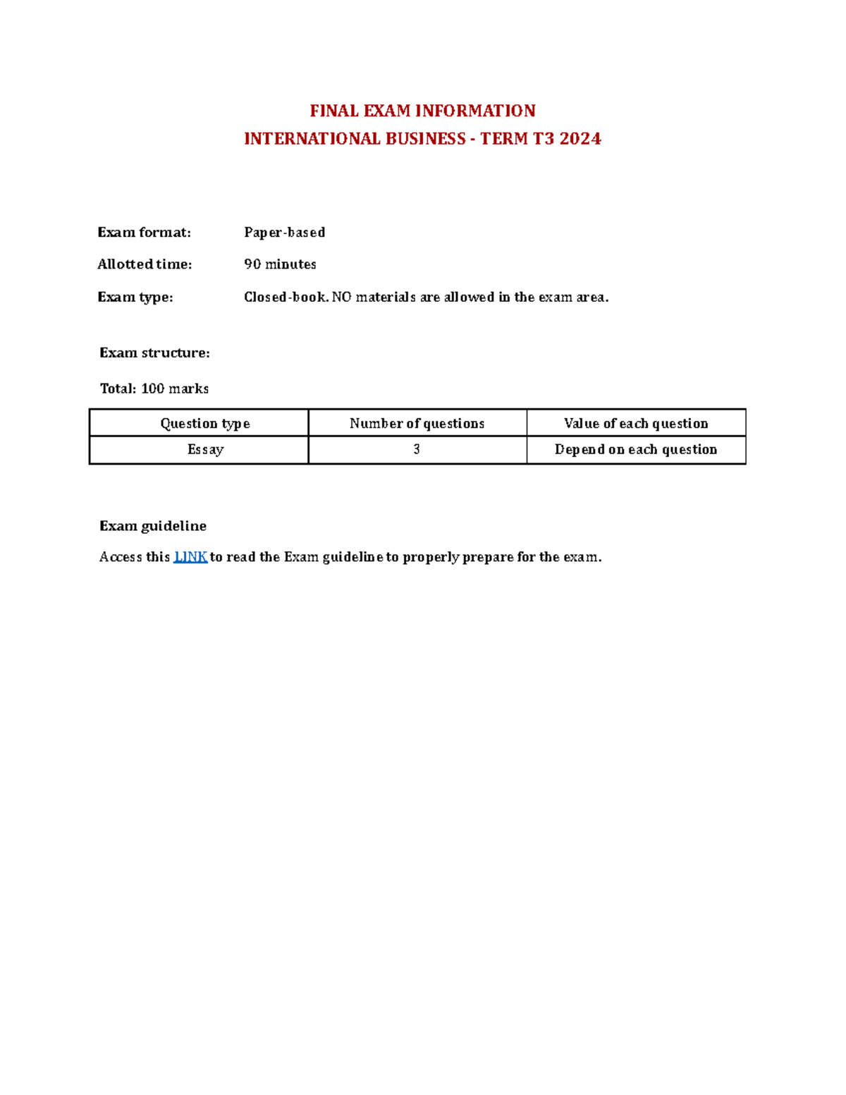 International Business - Final Exam Information - T3 2024 - 500004 ...