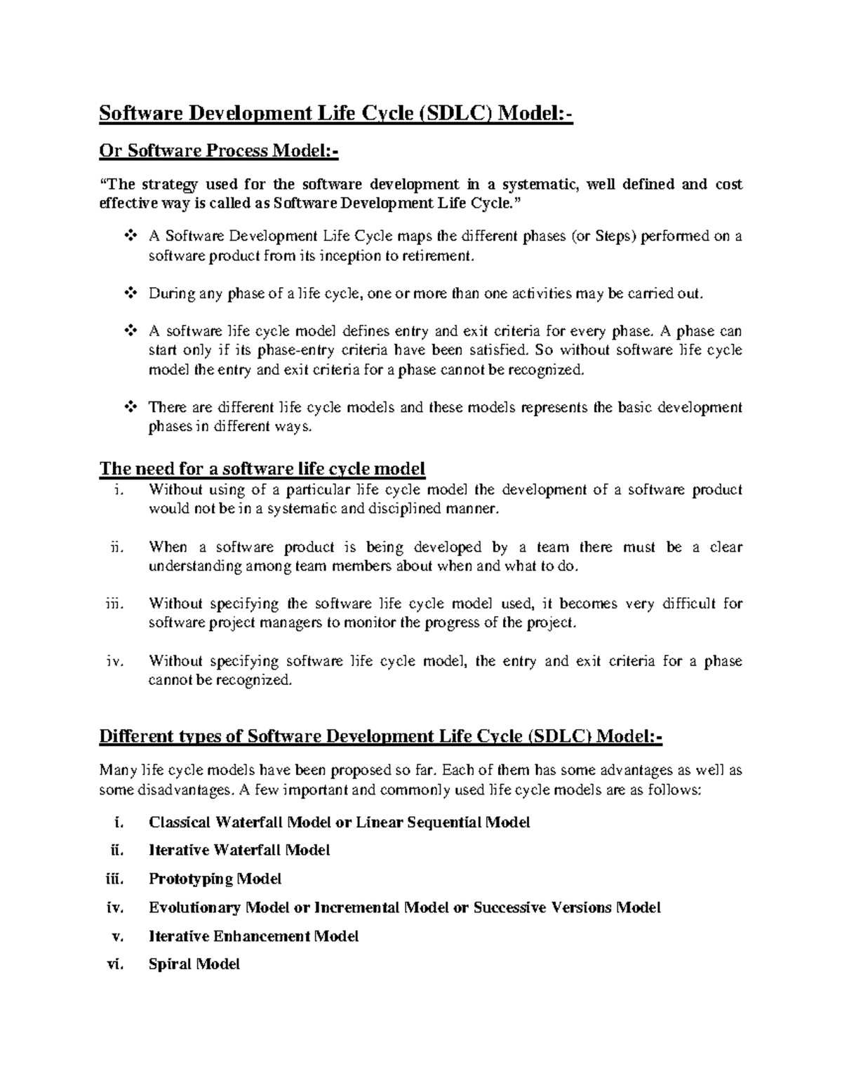 SDLC Models - SDLC - Software Development Life Cycle (SDLC) Model:- Or ...