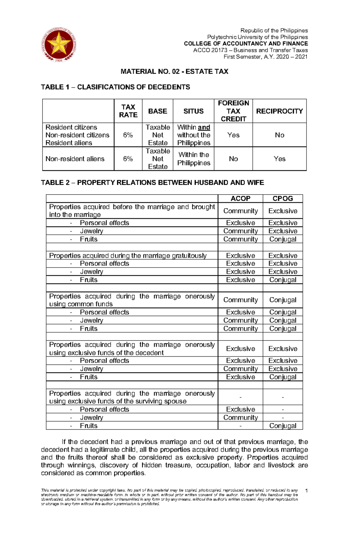 Estate TAX lecture - Polytechnic University of the Philippines COLLEGE ...