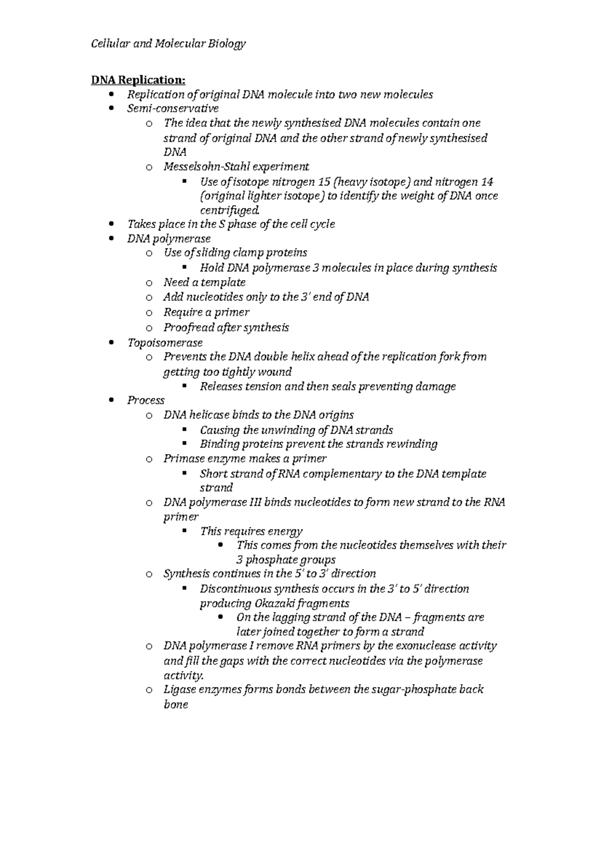 DNA Replication Lecture Notes - Cellular and Molecular Biology DNA ...
