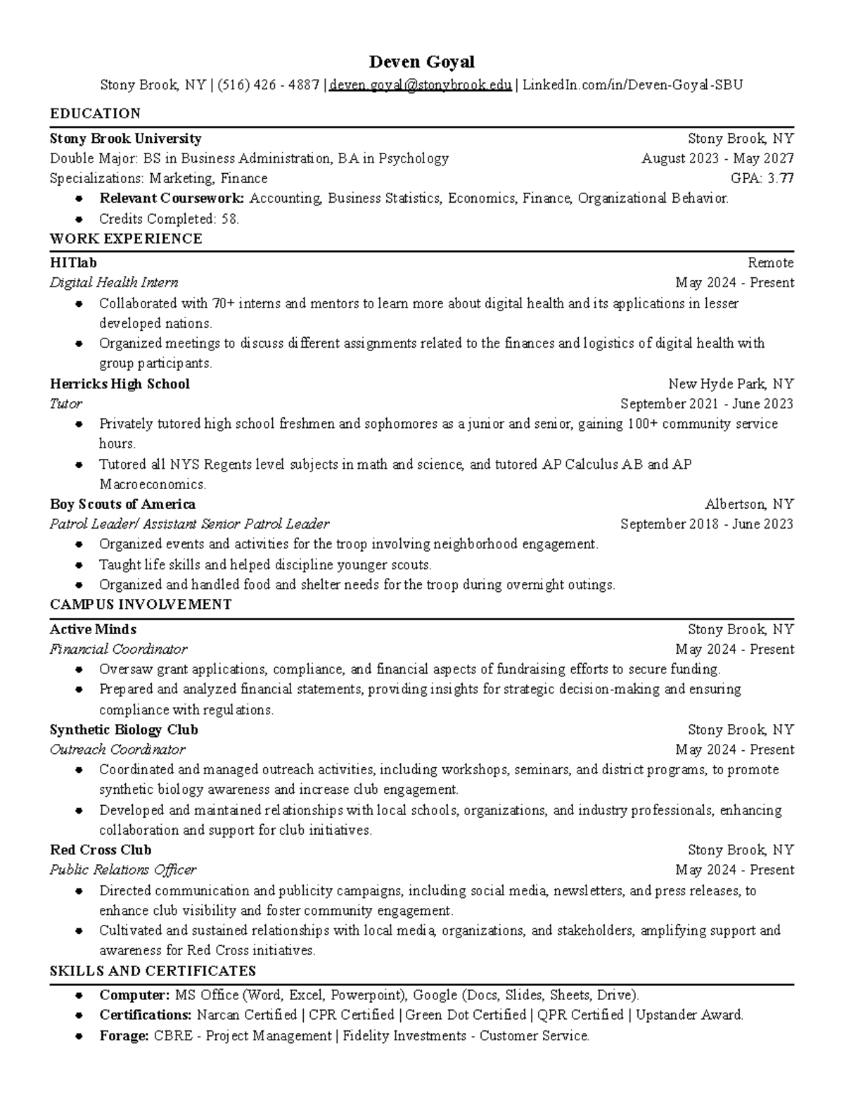 Deven Goyal's Resume 202407120401 - ADFSV - Deven Goyal Stony Brook, NY ...