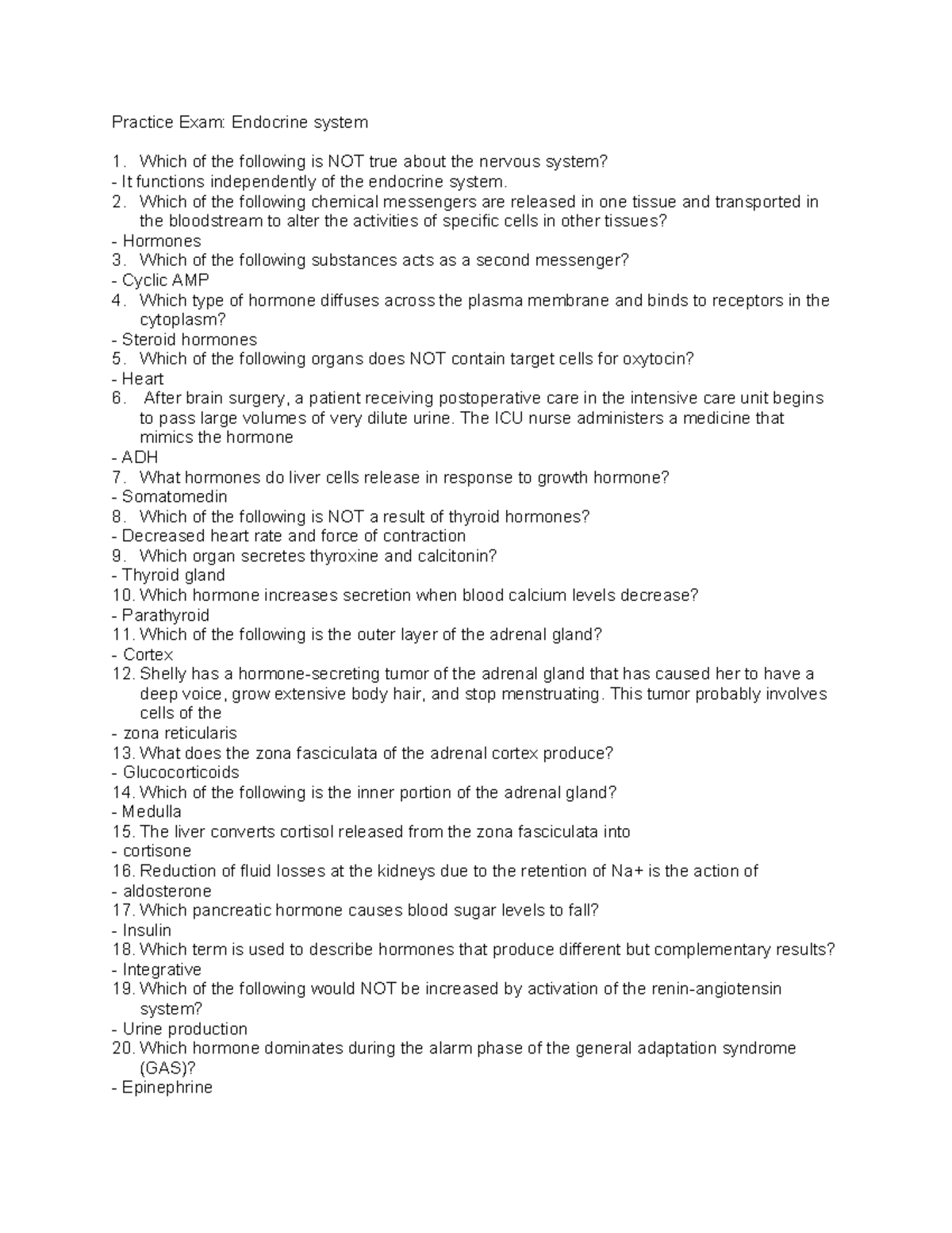 A&P practice exam 1 - study guide - Practice Exam: Endocrine system ...