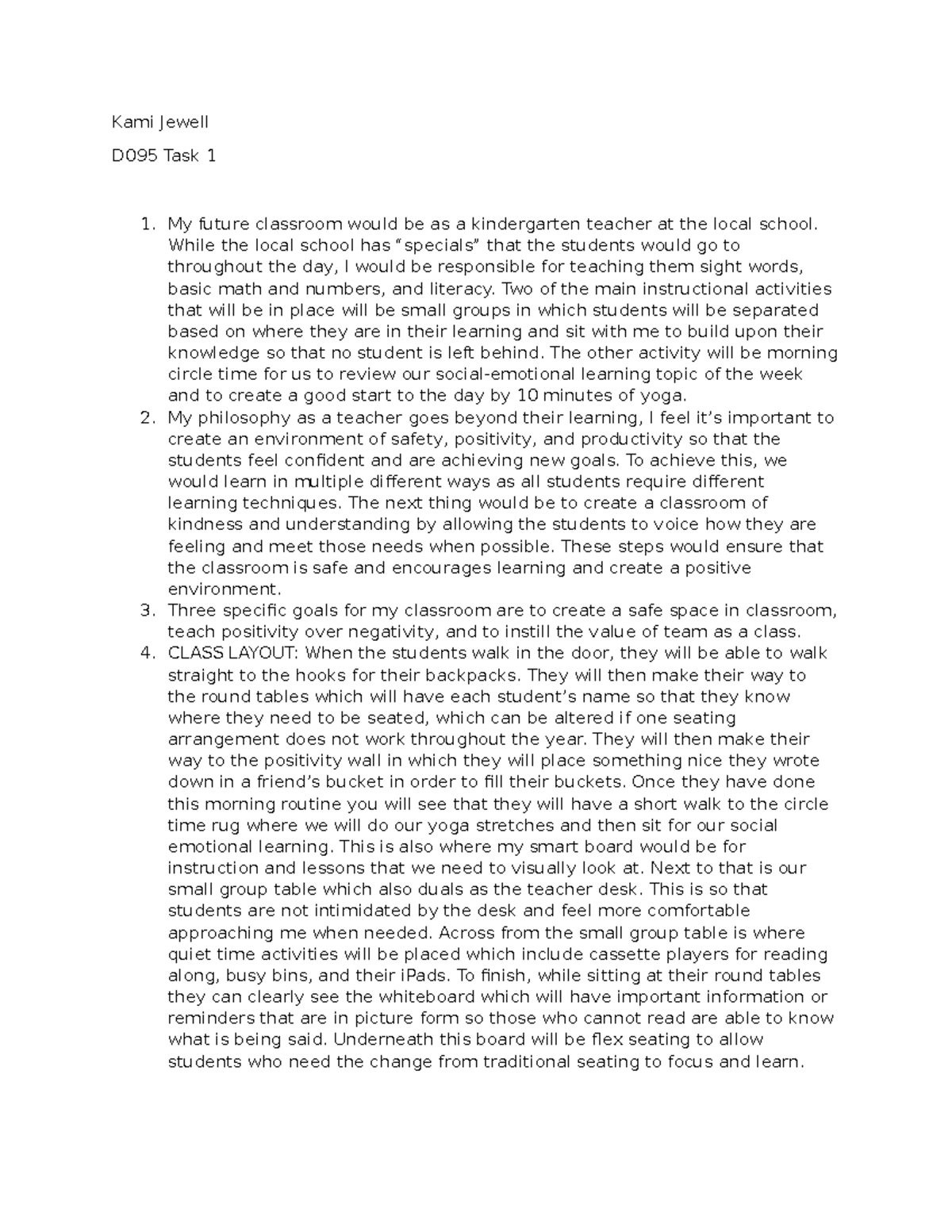 D095 Task 1 - passed - Kami Jewell D095 Task 1 1. My future classroom ...