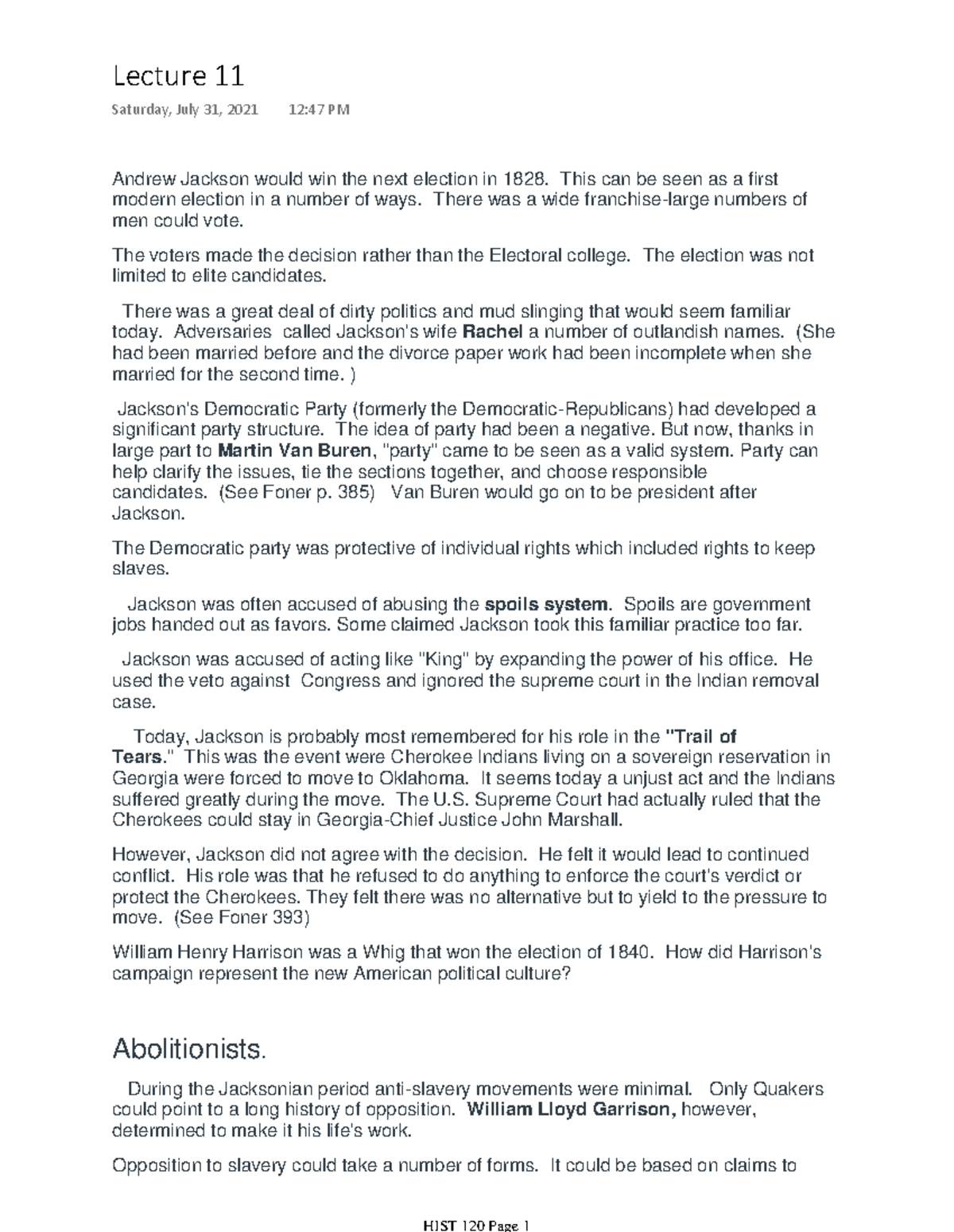 Lecture 11 - Notes - Andrew Jackson would win the next election in 1828 ...