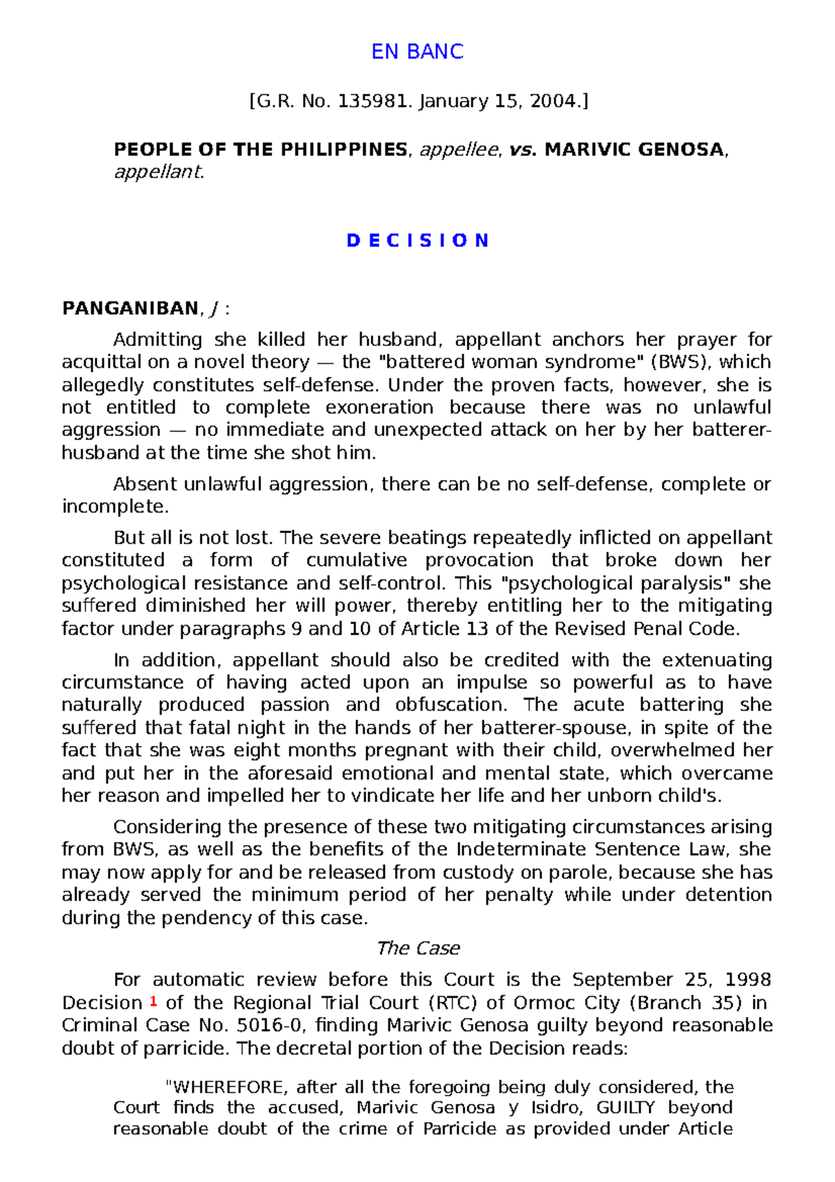 People v. Genosa - case - EN BANC [G. No. 135981. January 15, 2004 ...