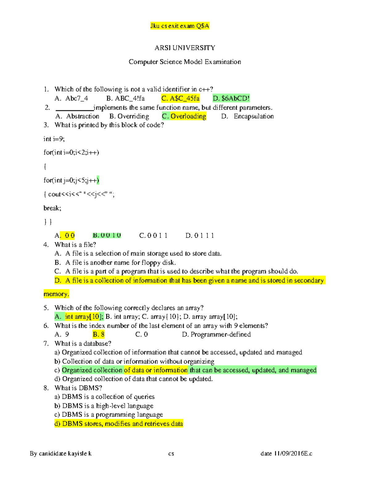 Jku Arsi U CS Model E Answer - ARSI UNIVERSITY Computer Science Model Examination Which of the ...
