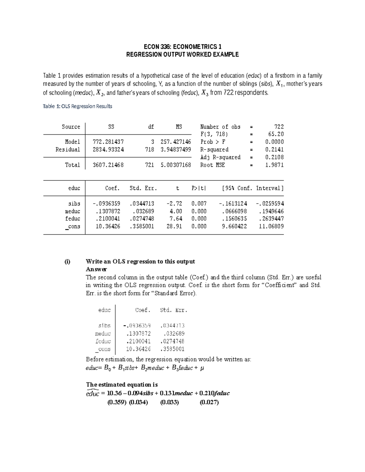 Econ 336 Regression Output Example Econ 336 Econometrics 1 Regression Output Worked Example