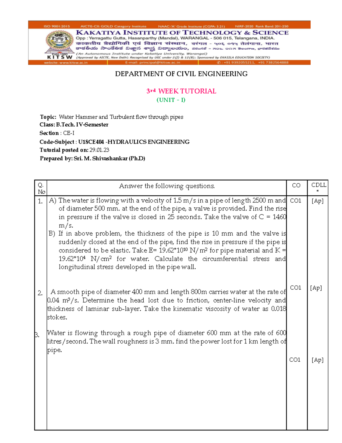 HYE-W3-Tutorial - TUTORIAL - DEPARTMENT OF CIVIL ENGINEERING 3 r d WEEK ...