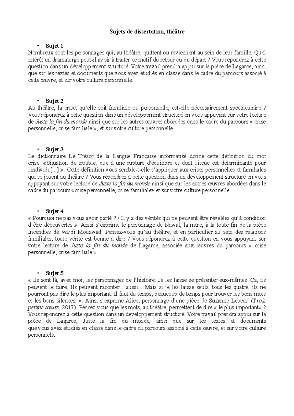 Sujets dissert Juste fin - Sujets de dissertation, théâtre Sujet 1 ...