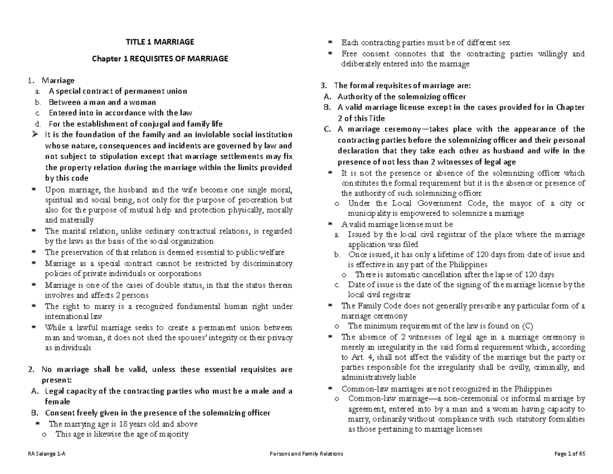 69073706 Family Code Reviewer - TITLE 1 MARRIAGE Chapter 1 REQUISITES ...