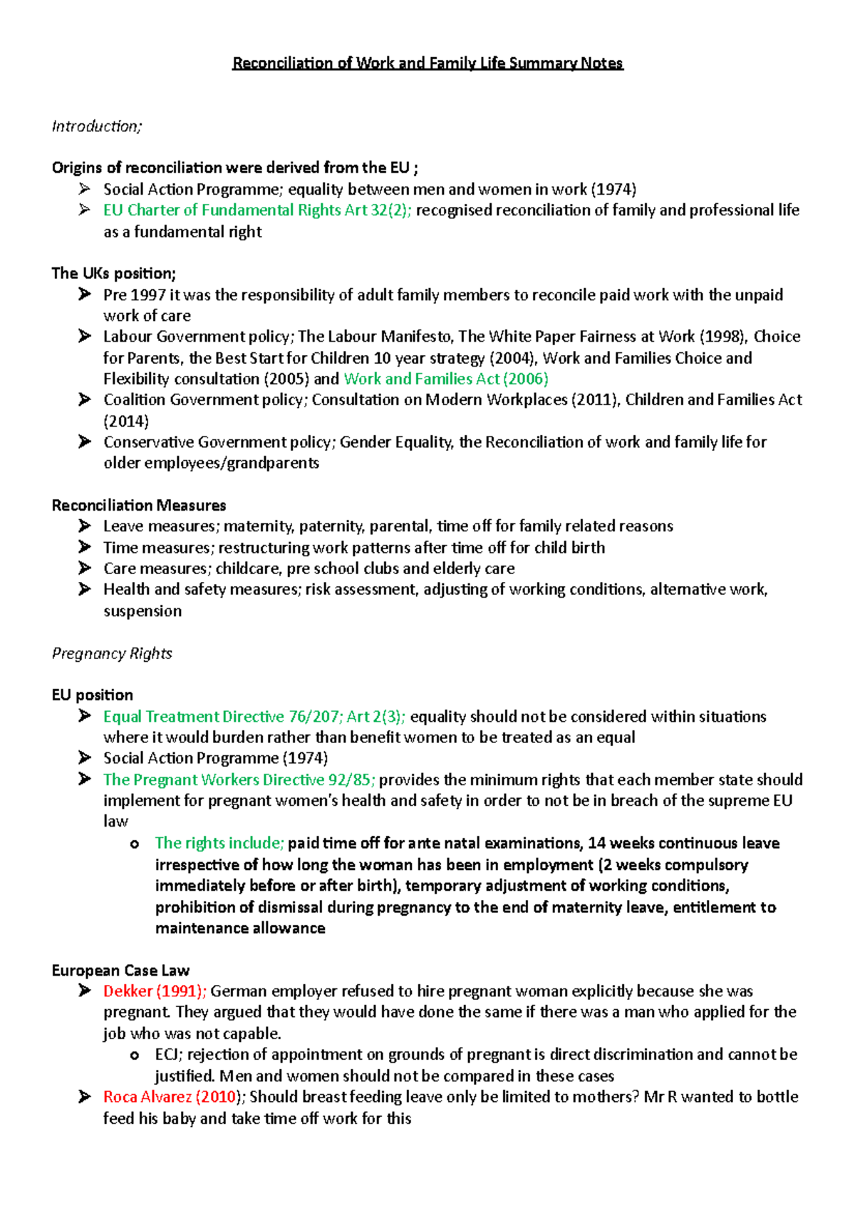 Family and Working Life Summary Notes - Reconciliation of Work and ...