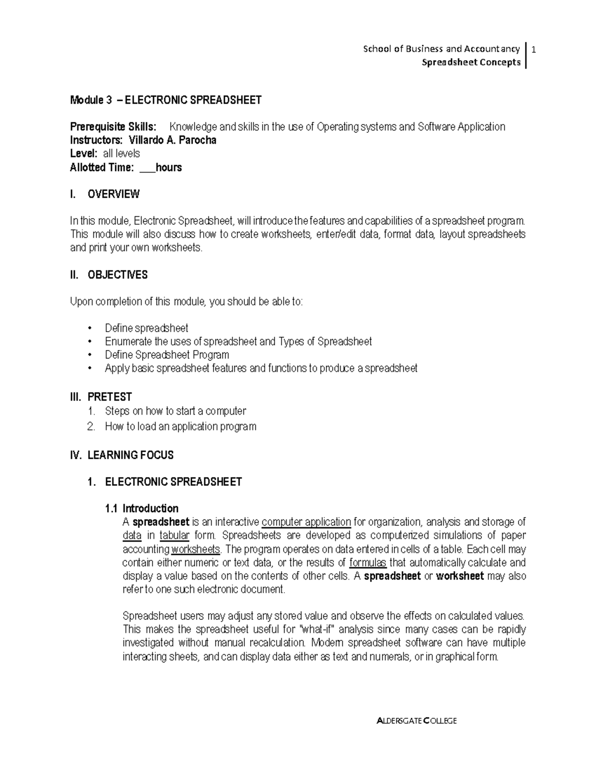 Module 4 - Spreadsheet Concepts - Spreadsheet Concepts Module 3 – ELECTRONIC SPREADSHEET - Studocu