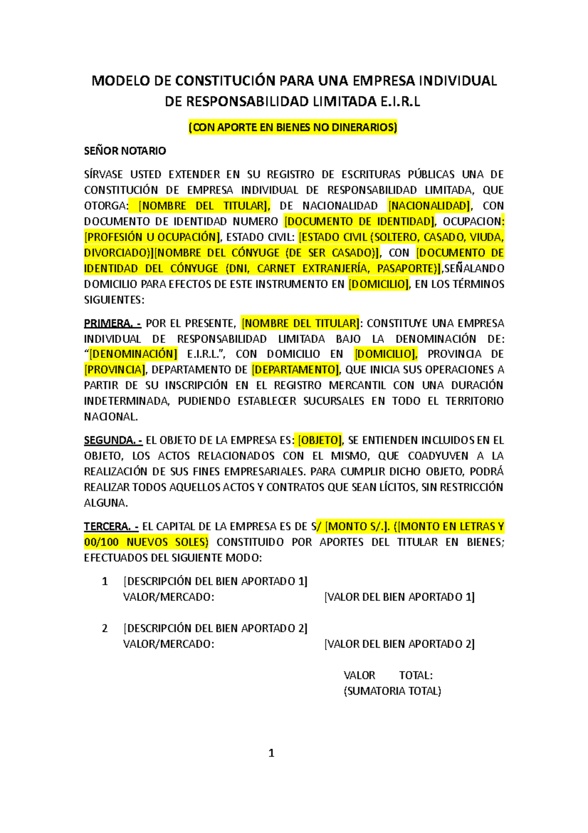 Empresa EIRL del perú - MODELO DE CONSTITUCIÓN PARA UNA EMPRESA INDIVIDUAL DE RESPONSABILIDAD ...