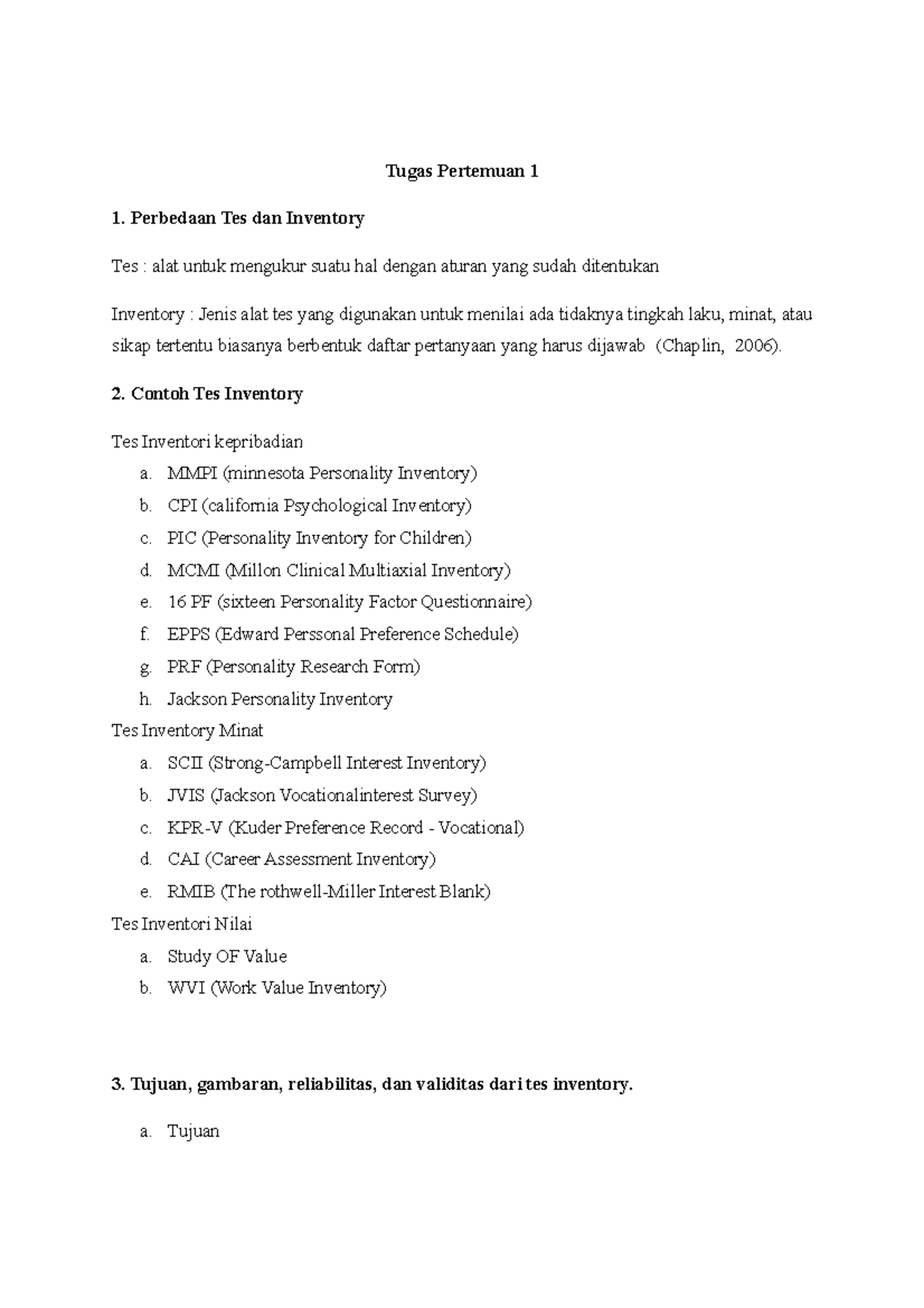 Tugas Tes Inventory Pertemuan 1 - Tugas Pertemuan 1 Perbedaan Tes dan ...