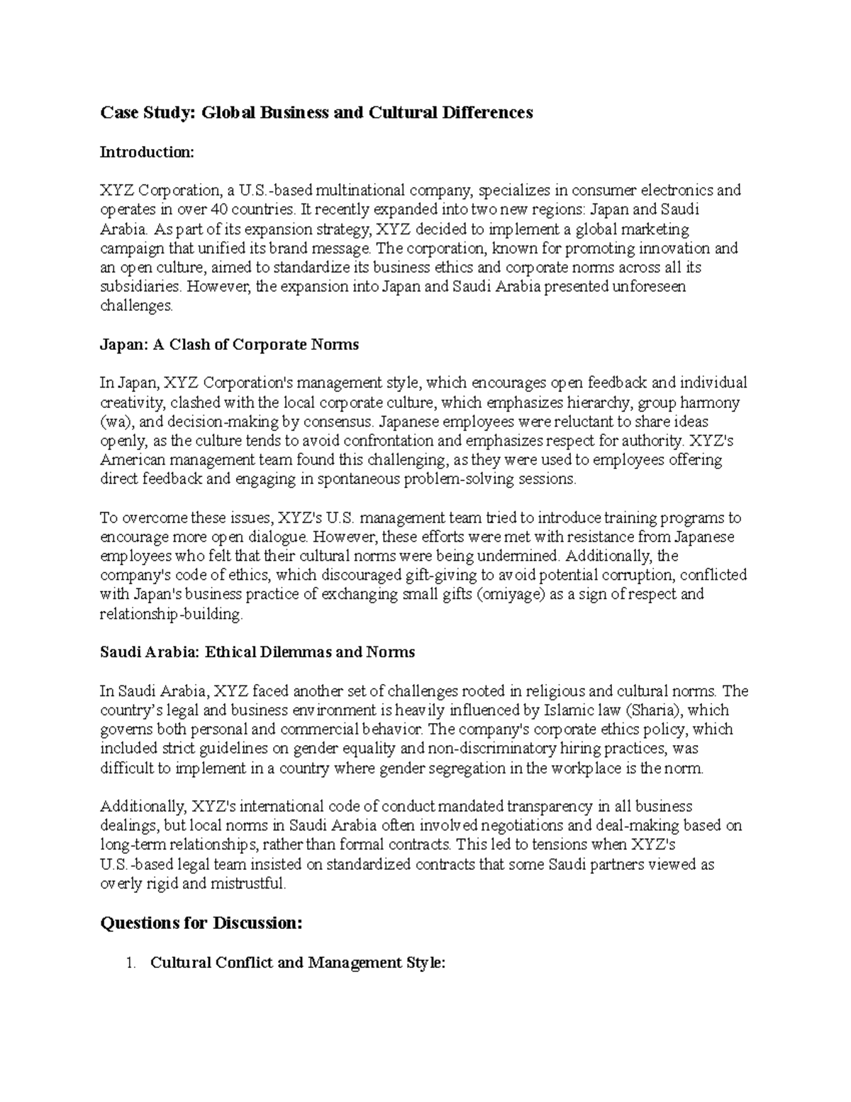Case Study-Global Business and Cultural Differences - Case Study ...