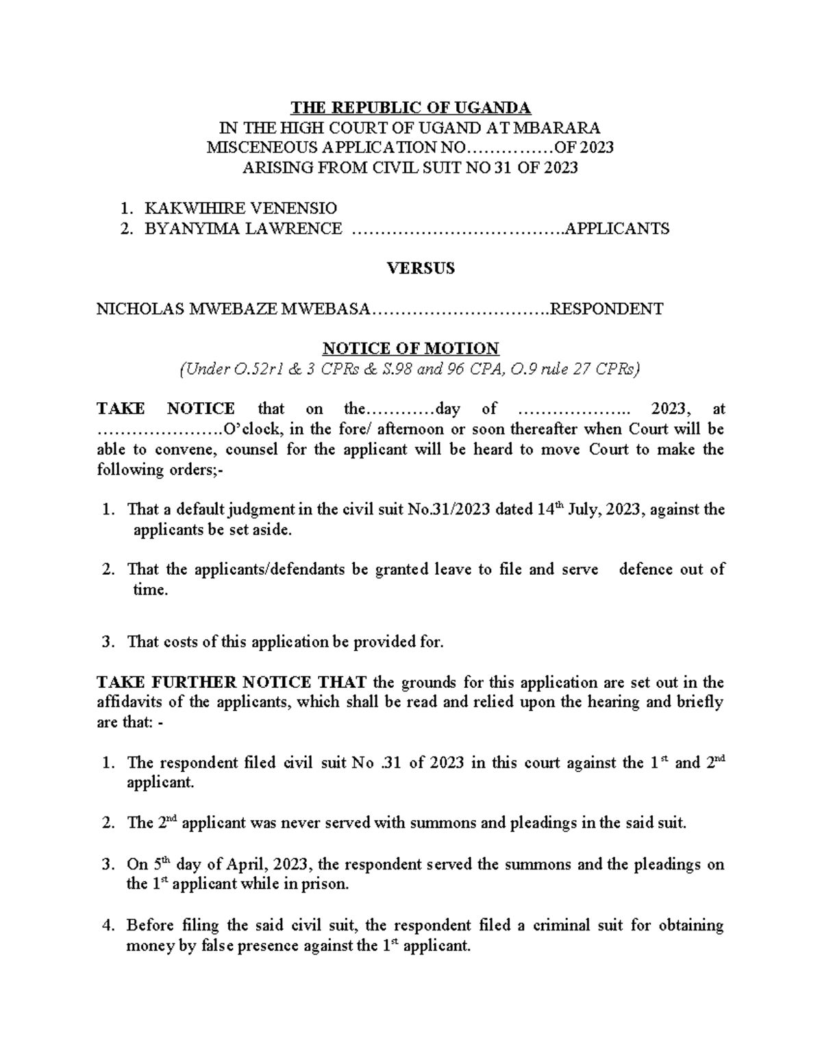 Notice OF Motion FOR Setting Aside Adefuld Judgt - THE REPUBLIC OF ...