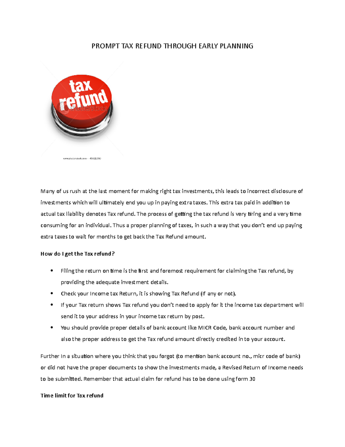 Tax refund Article By Sridhar - PROMPT TAX REFUND THROUGH EARLY ...