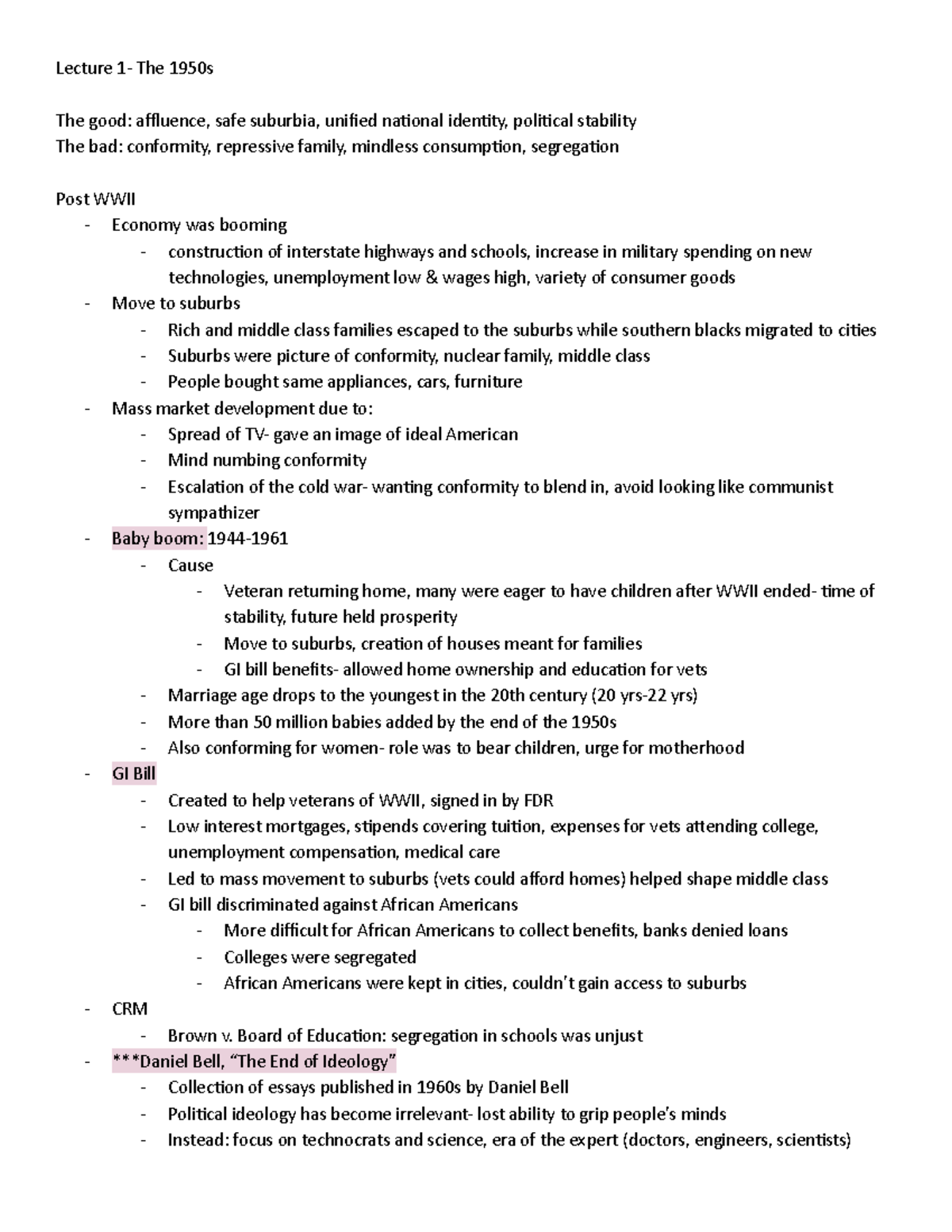 Sixties in America- Midterm - Lecture 1- The 1950s The good: affluence ...