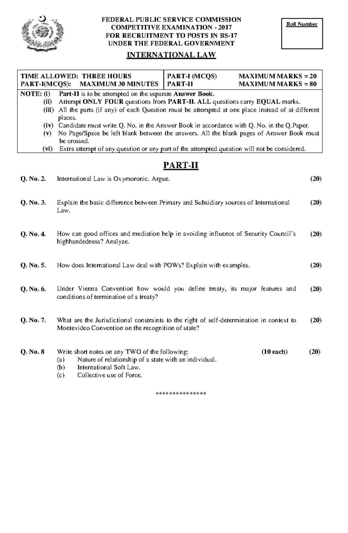 Exam 9 2017, questions - FEDERAL PUBLIC SERVICE COMMISSION COMPETITIVE ...