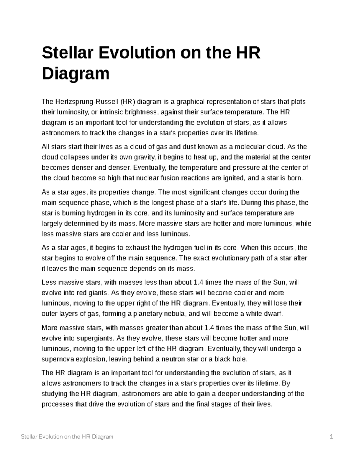 Stellar Evolution on the HR Diagram - Studocu