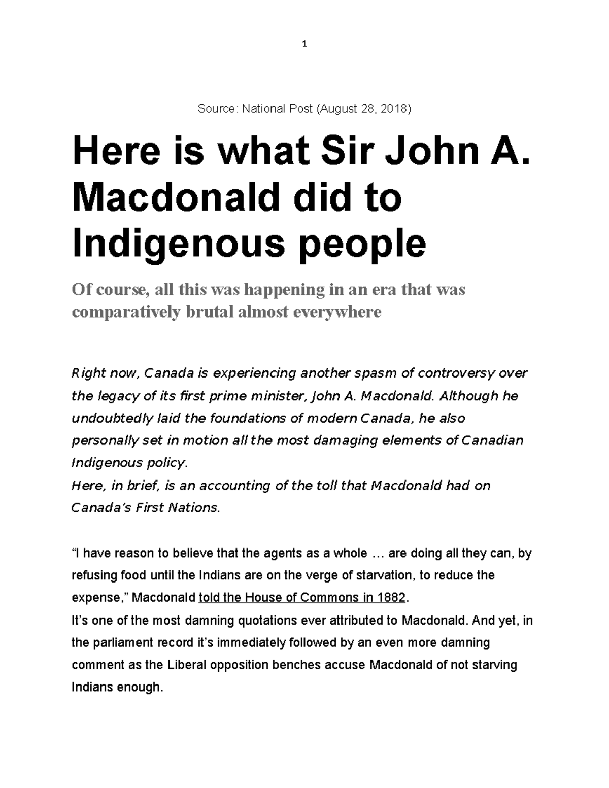Here is what Sir John A - Reading notes - Source: National Post (August ...